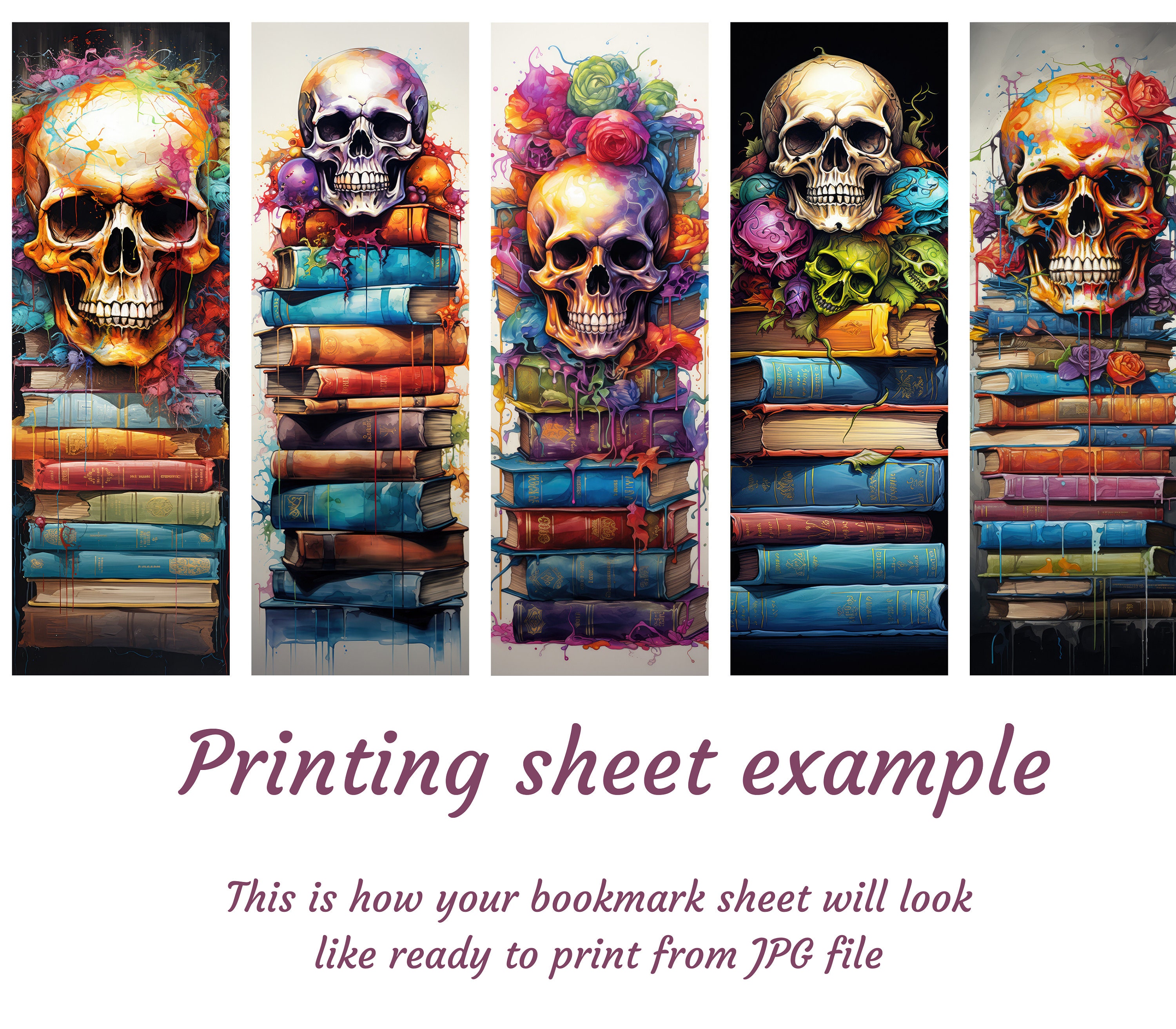 20 Colorful Skulls Printable Bookmarks, Sublimation Bookmark Set, Gift ...