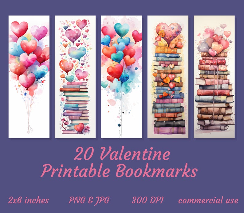 20 Watercolor Valentine Printable Bookmarks, Sublimation Bookmark Set ...