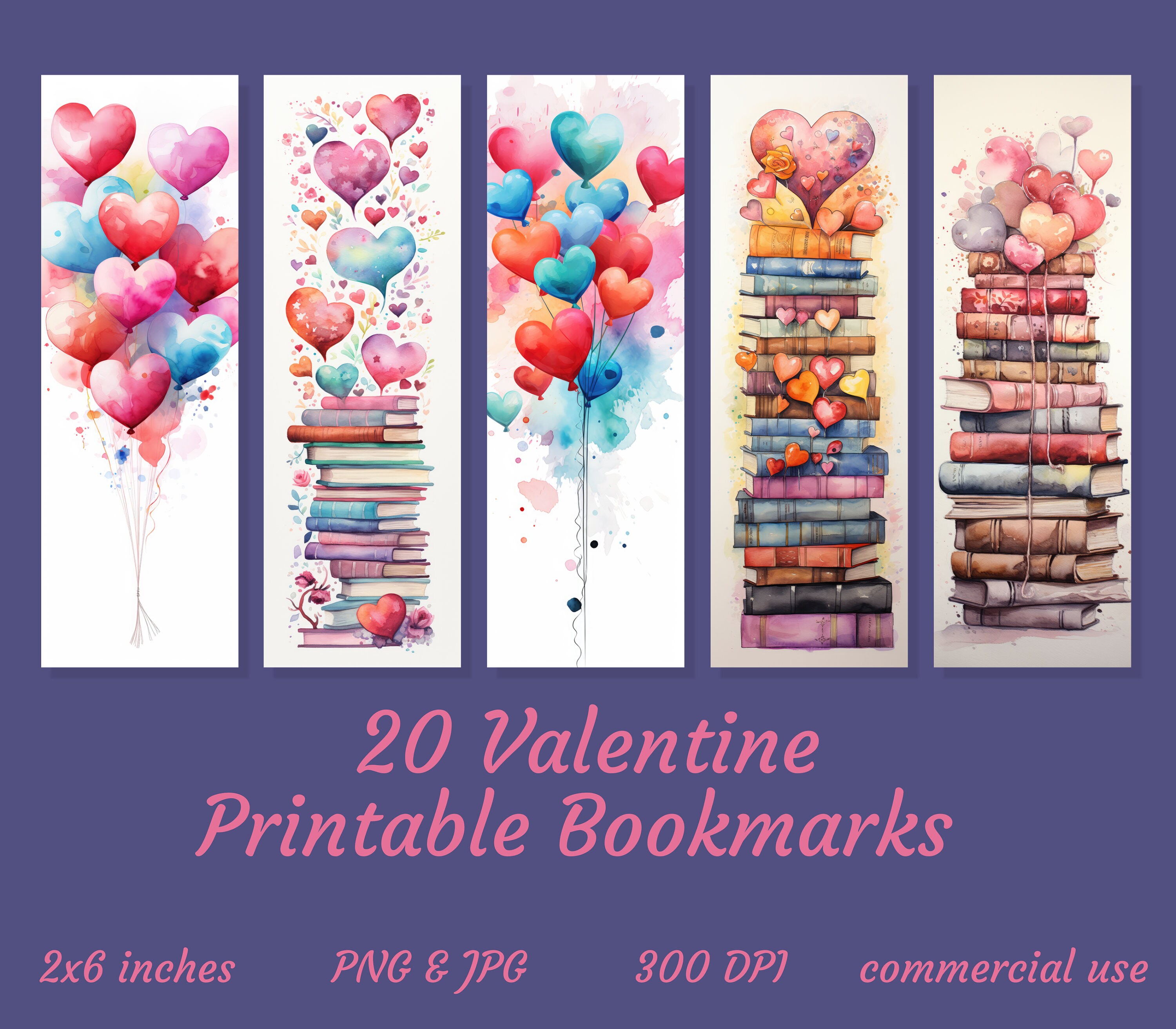 20 Watercolor Valentine Printable Bookmarks, Sublimation Bookmark Set ...