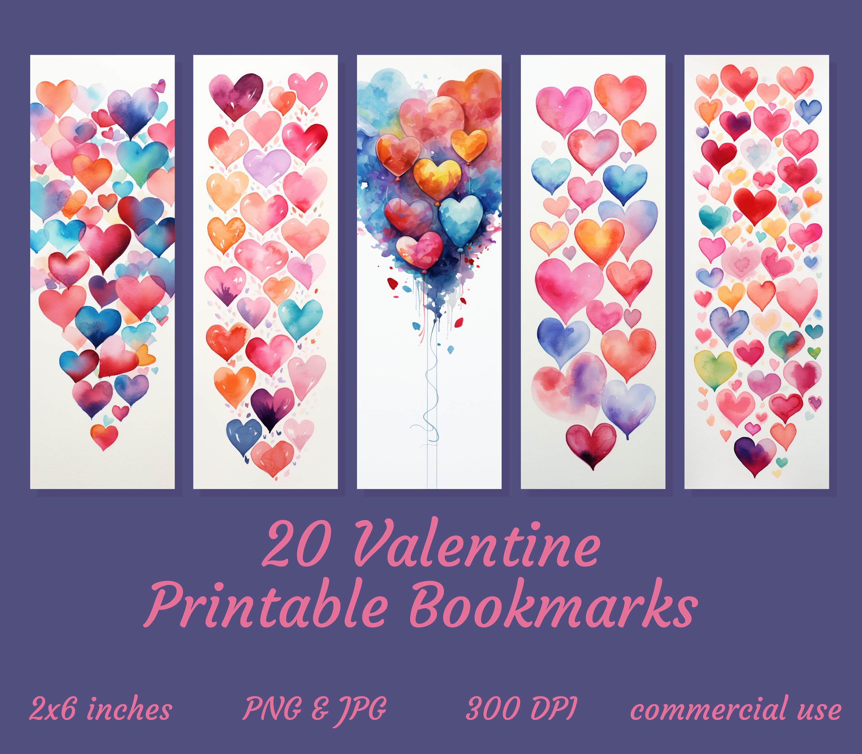 20 Watercolor Valentine Printable Bookmarks, Sublimation Bookmark Set ...