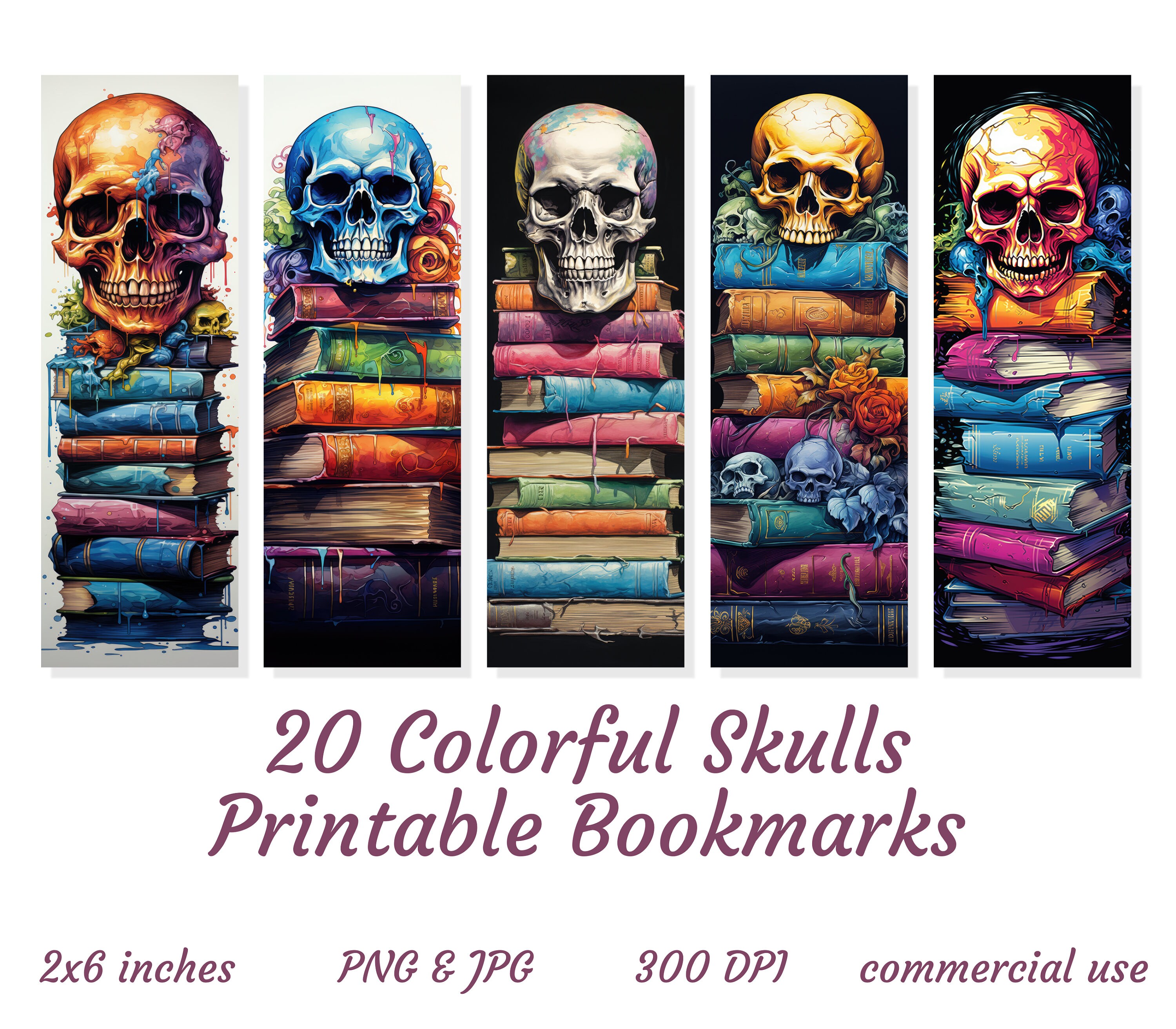 20 Colorful Skulls Printable Bookmarks, Sublimation Bookmark Set, Gift ...