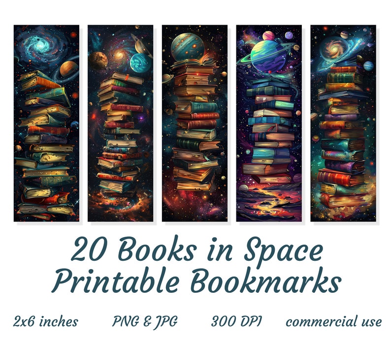 20 Books in Space Printable Bookmarks, Bookmark Set, Galaxy Sublimation ...