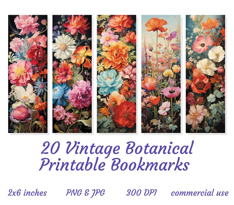 20 Vintage Botanical Bookmarks Printable, Sublimation Bookmark Set ...
