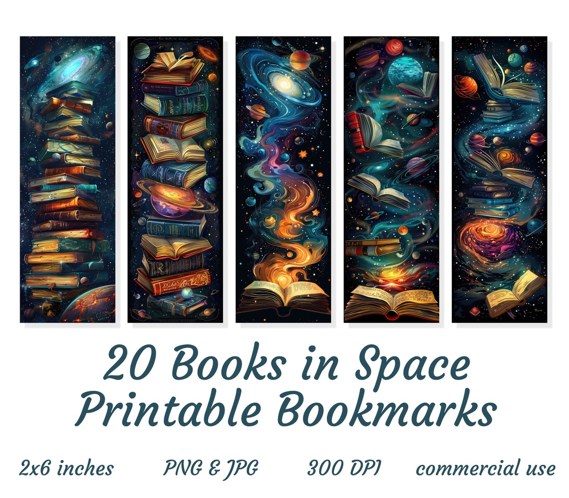 20 Books in Space Printable Bookmarks, Bookmark Set, Galaxy Sublimation ...