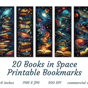 20 Books in Space Printable Bookmarks, Bookmark Set, Galaxy Sublimation ...