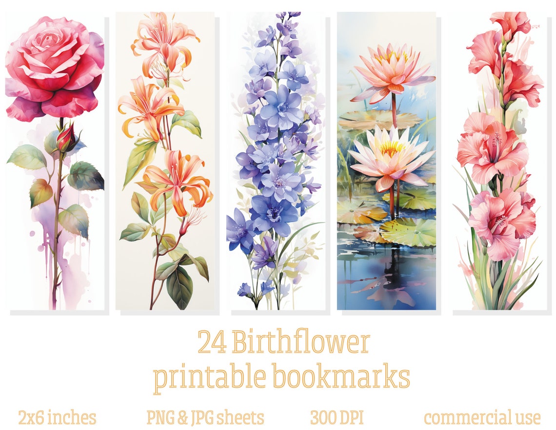 24 Birthflower Printable Bookmarks, Sublimation Bookmark Set, Digital ...