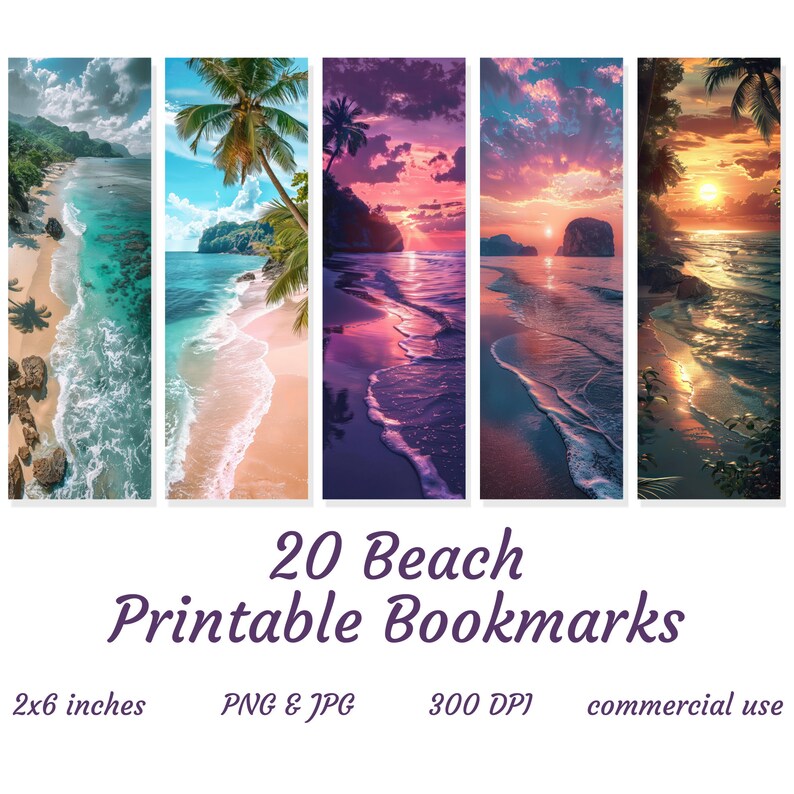 20 Beach Bookmarks, Printable Bookmarks, Summer Bookmarks, Sublimation ...