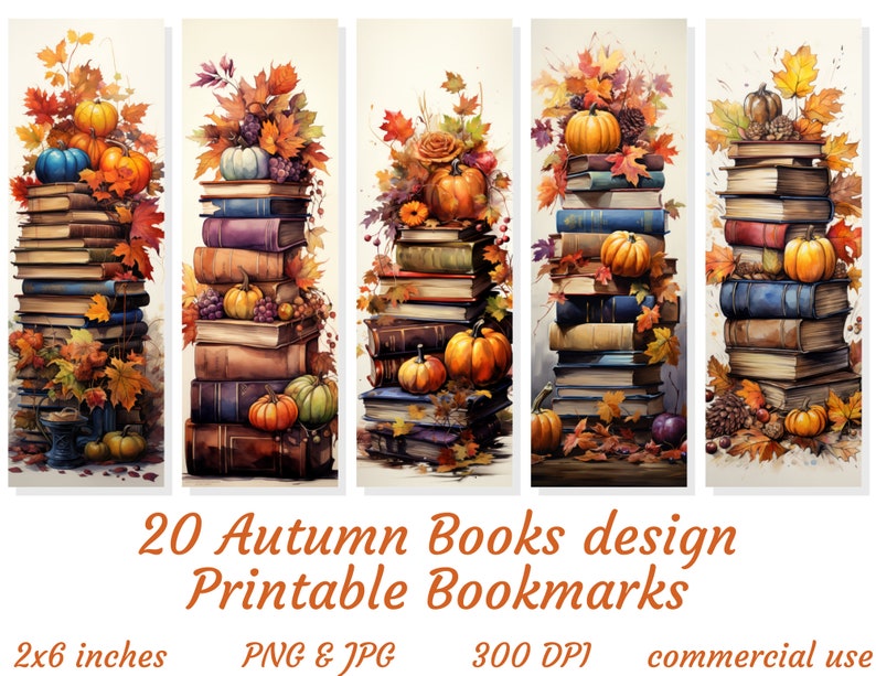 20 Autumn Books Bookmarks, Autumn Printable Bookmarks, Watercolor ...