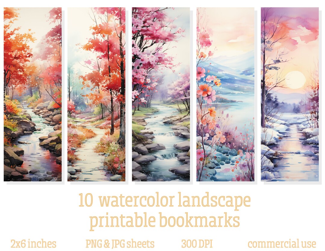 10 Watercolor Landscape Printable Bookmarks, Printable Bookmark Set ...