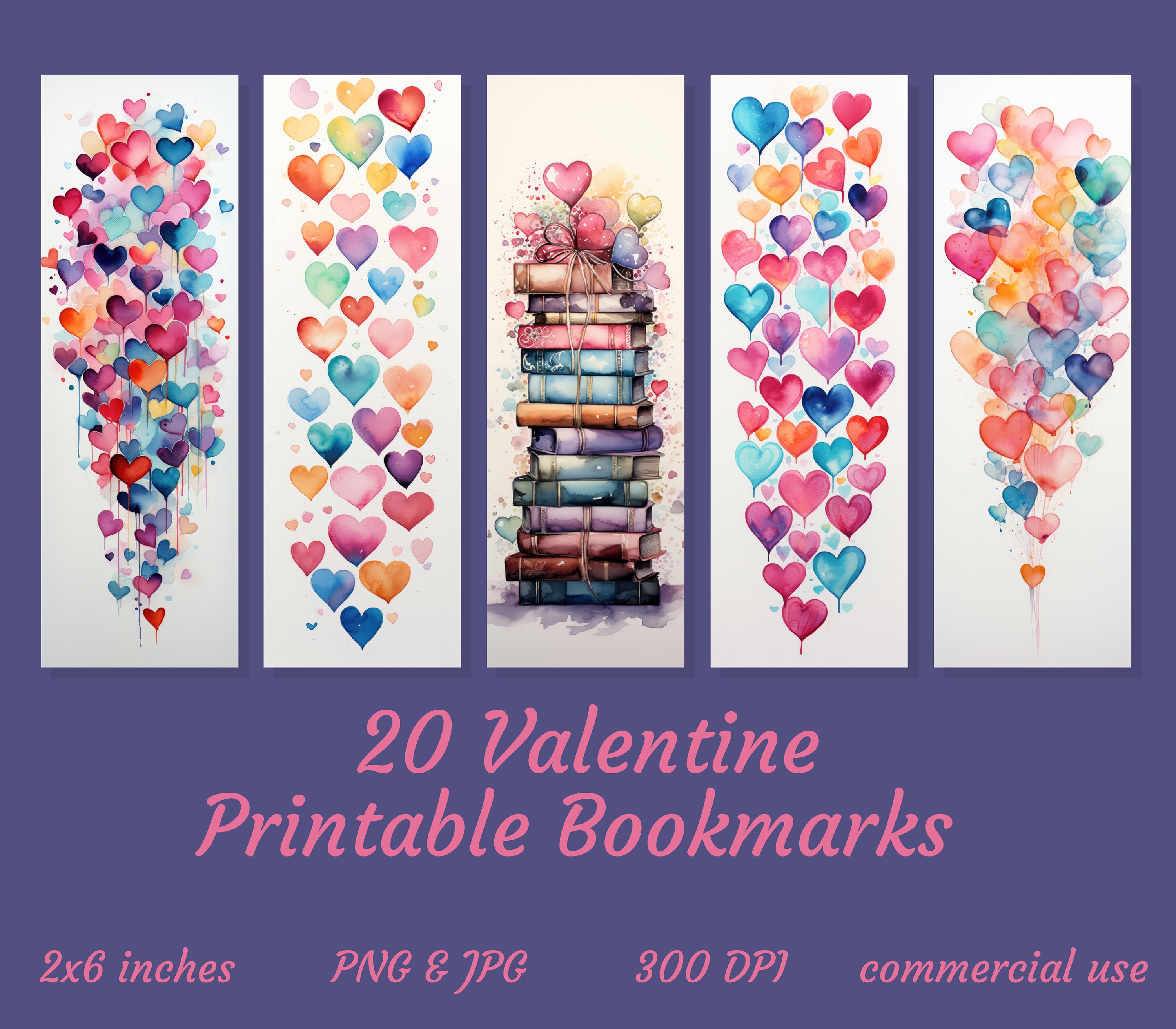 20 Watercolor Valentine Printable Bookmarks, Sublimation Bookmark Set ...