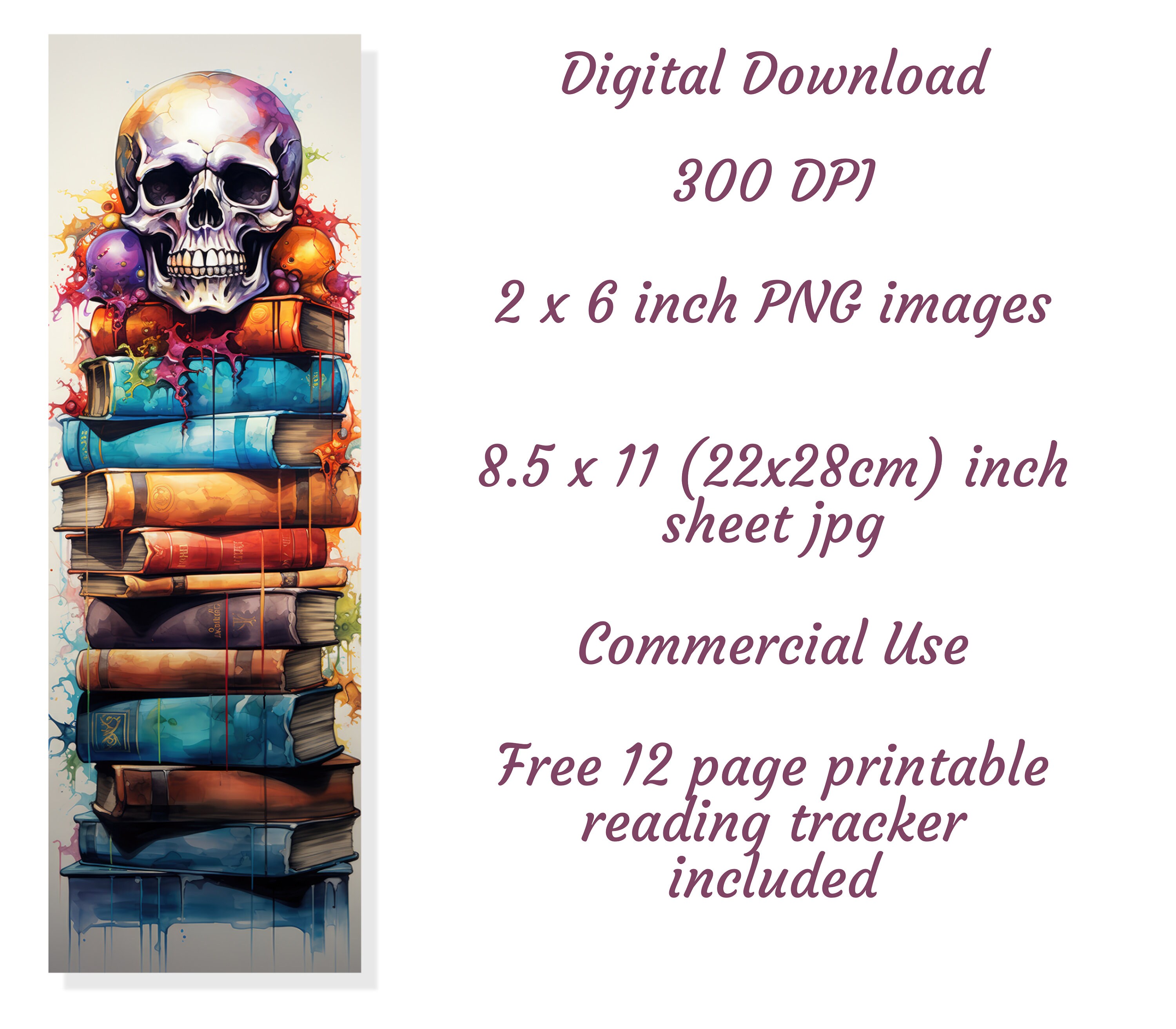 20 Colorful Skulls Printable Bookmarks, Sublimation Bookmark Set, Gift ...