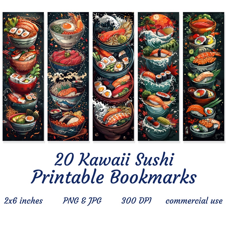 20 Kawaii Sushi Bookmarks, Printable Bookmarks, Sublimation Bookmark ...