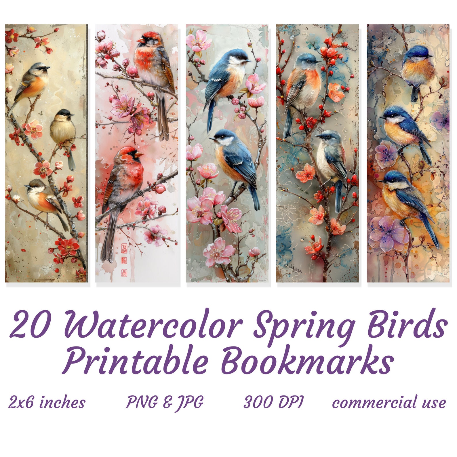 20 Watercolor Spring Birds Bookmarks, Printable Bookmarks, Sublimation ...