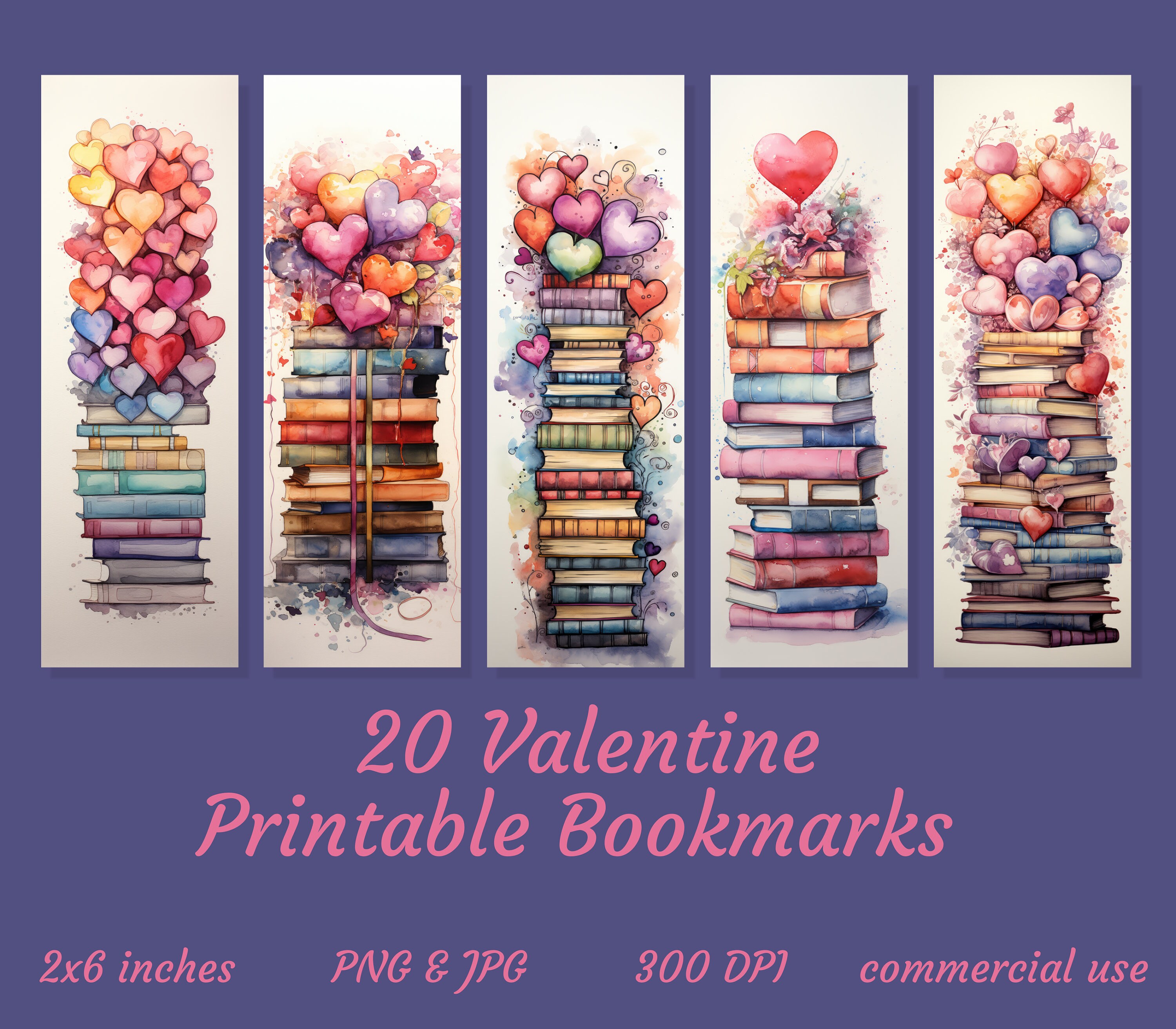 20 Watercolor Valentine Printable Bookmarks, Sublimation Bookmark Set ...