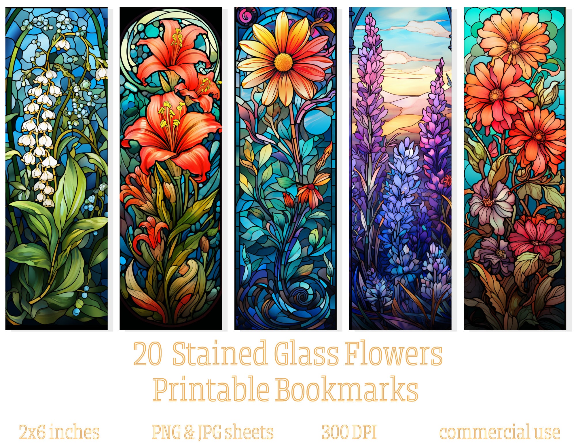 20 Stained Glass Flower Design Bookmarks, Floral Printable Bookmarks ...