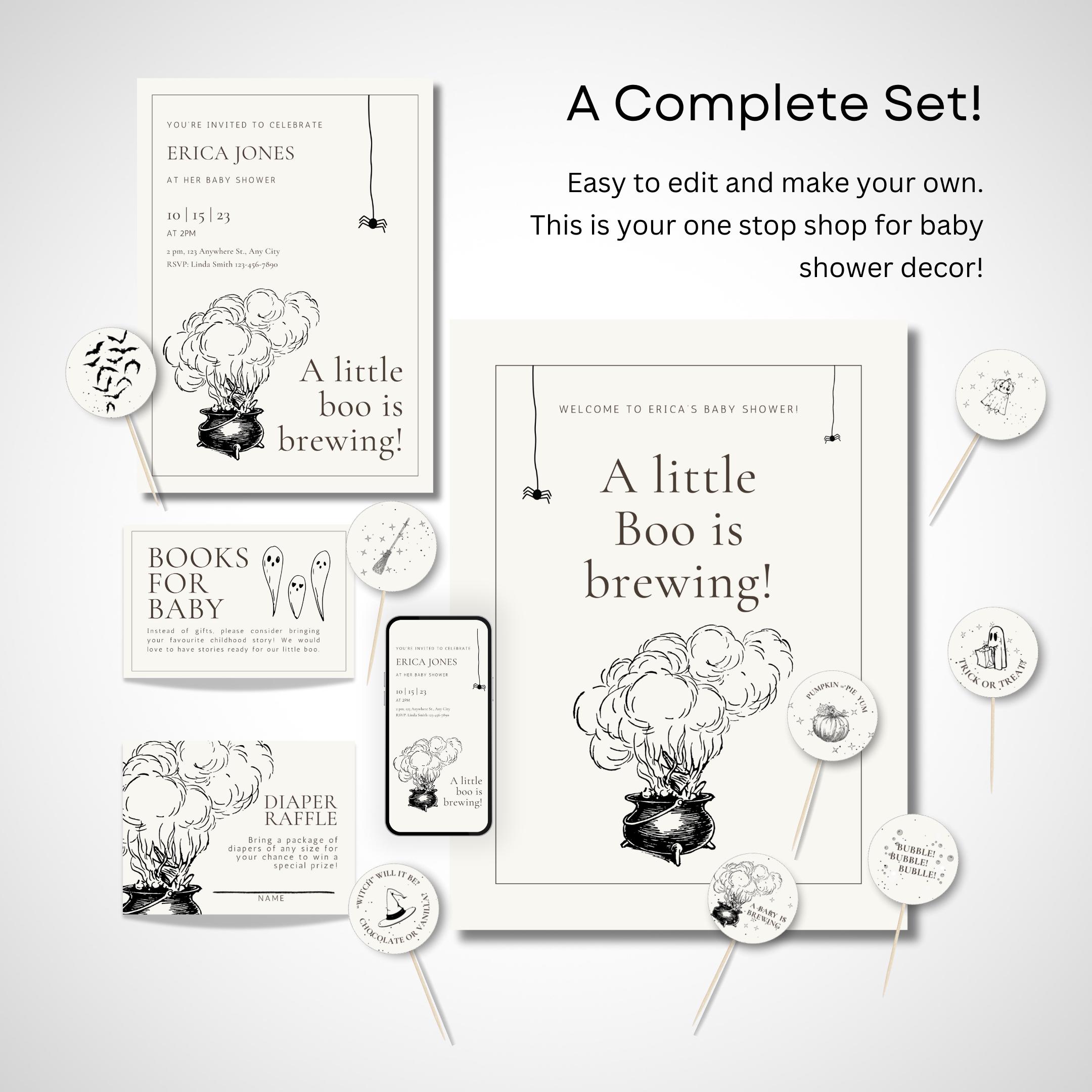 Halloween Baby Shower Canva Template, A Little Boo is Brewing Editable ...