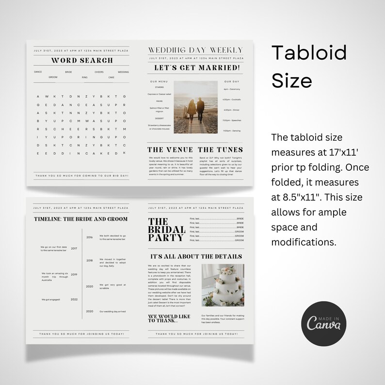 Custom Wedding Newspaper, Canva Template, Folded Program, Printable and ...