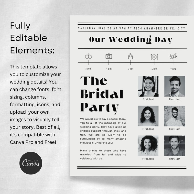 Editable Canva Wedding Newspaper Program Template | Modern Printable ...