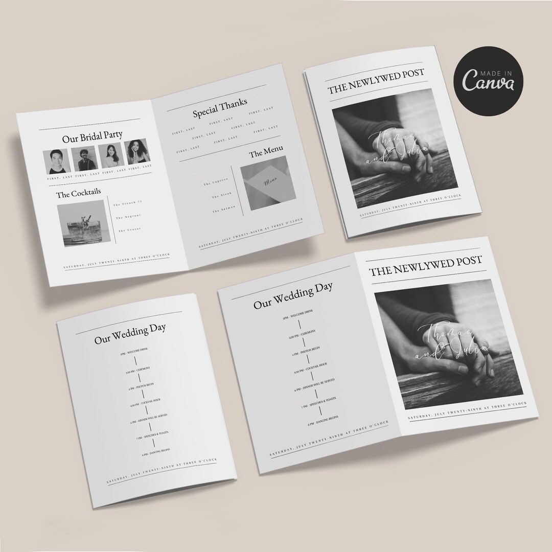 DIY Wedding Program, Folded Newspaper Wedding Program, Canva Template ...