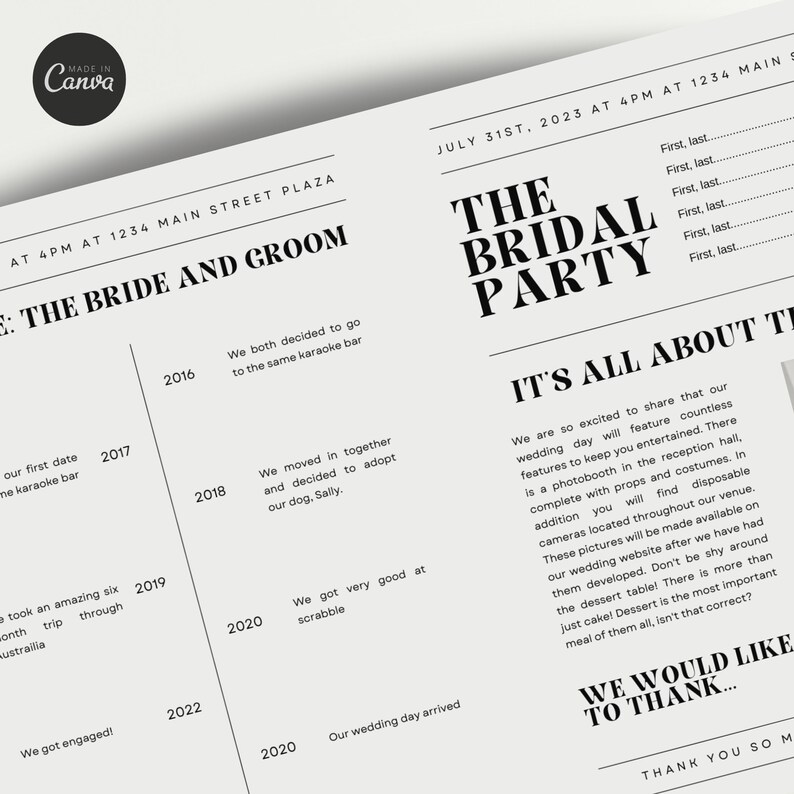 Custom Wedding Newspaper, Canva Template, Folded Program, Printable and ...