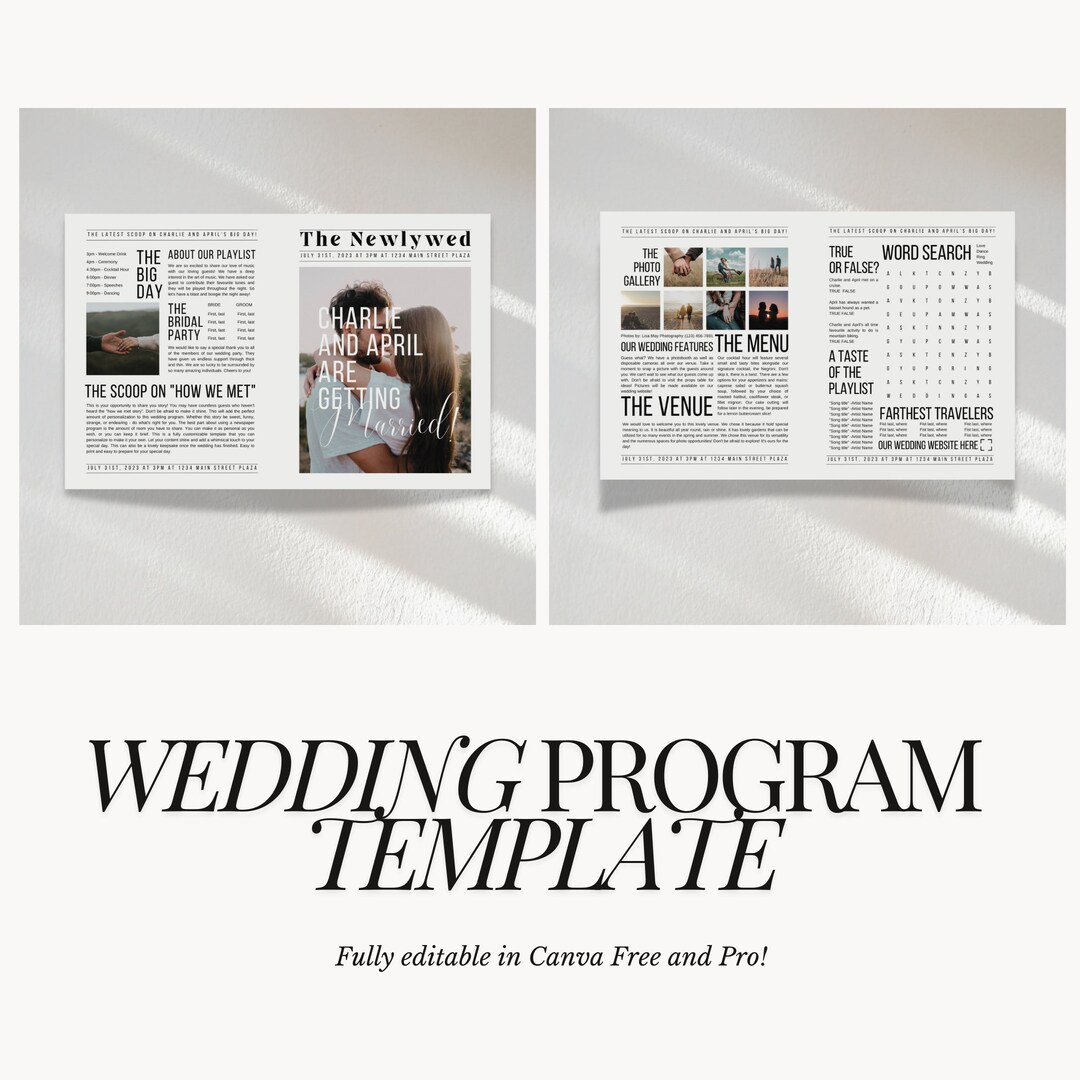 Newspaper Style Printable Instant Download Modern Wedding Itinerary ...