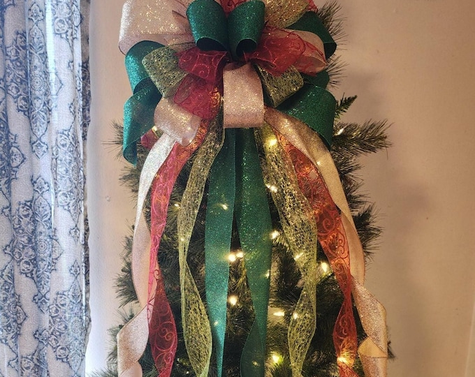 The Aurora Green Christmas Tree Topper Bow, Gold Xmas Ribbon Topper ...