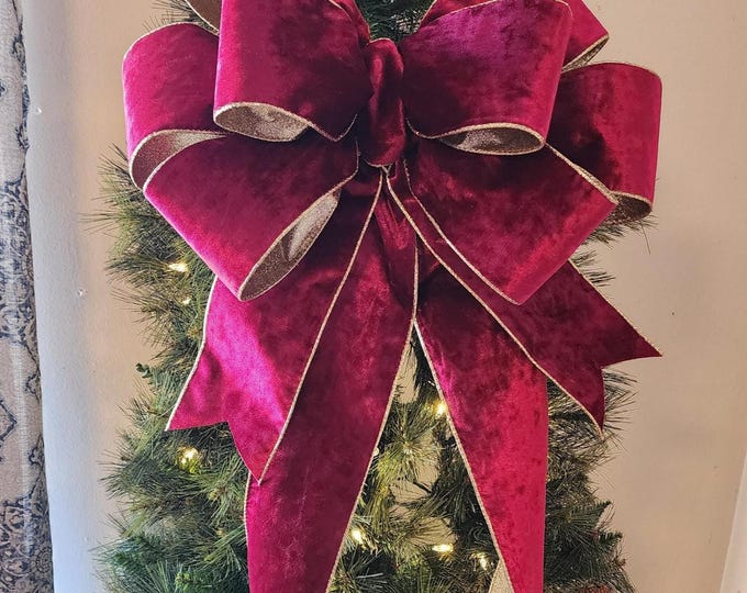 The Scarlett Burgundy & Gold Christmas Tree Topper Bow, Long Streamer ...