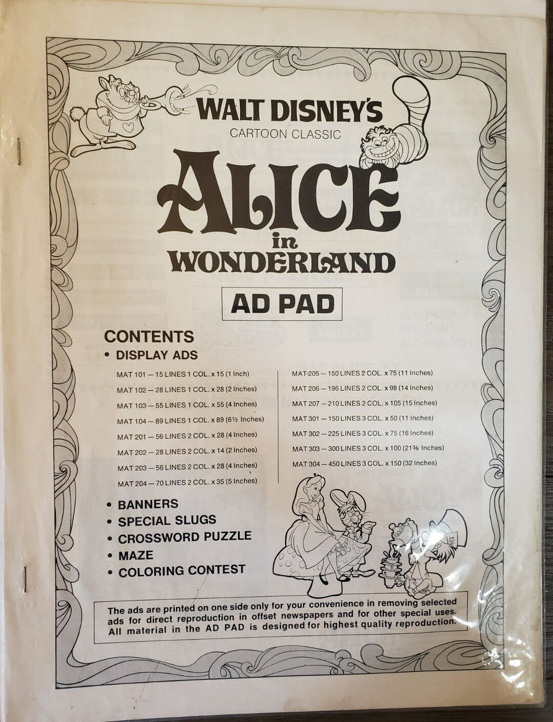Disney's Alice in Wonderland Ad Pad Vintage Display Ads - Etsy