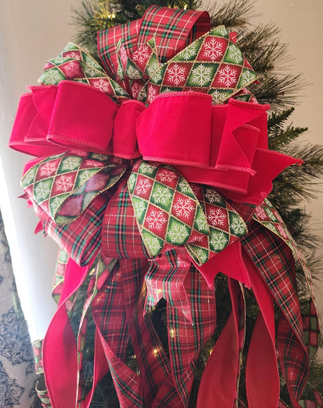 The Gabrielle Red and Green Snowflake and Plaid Christmas Tree Topper ...