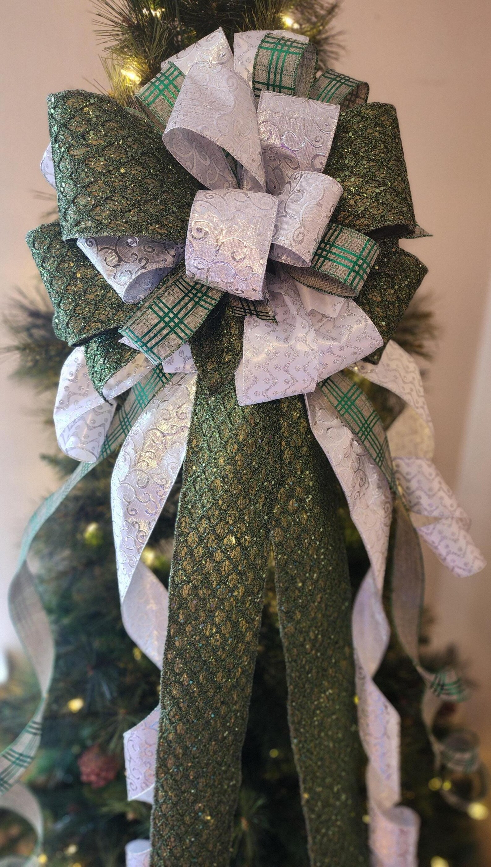 The Sasha Green Christmas Tree Topper Bow, Premium XL Xmas Ribbon ...