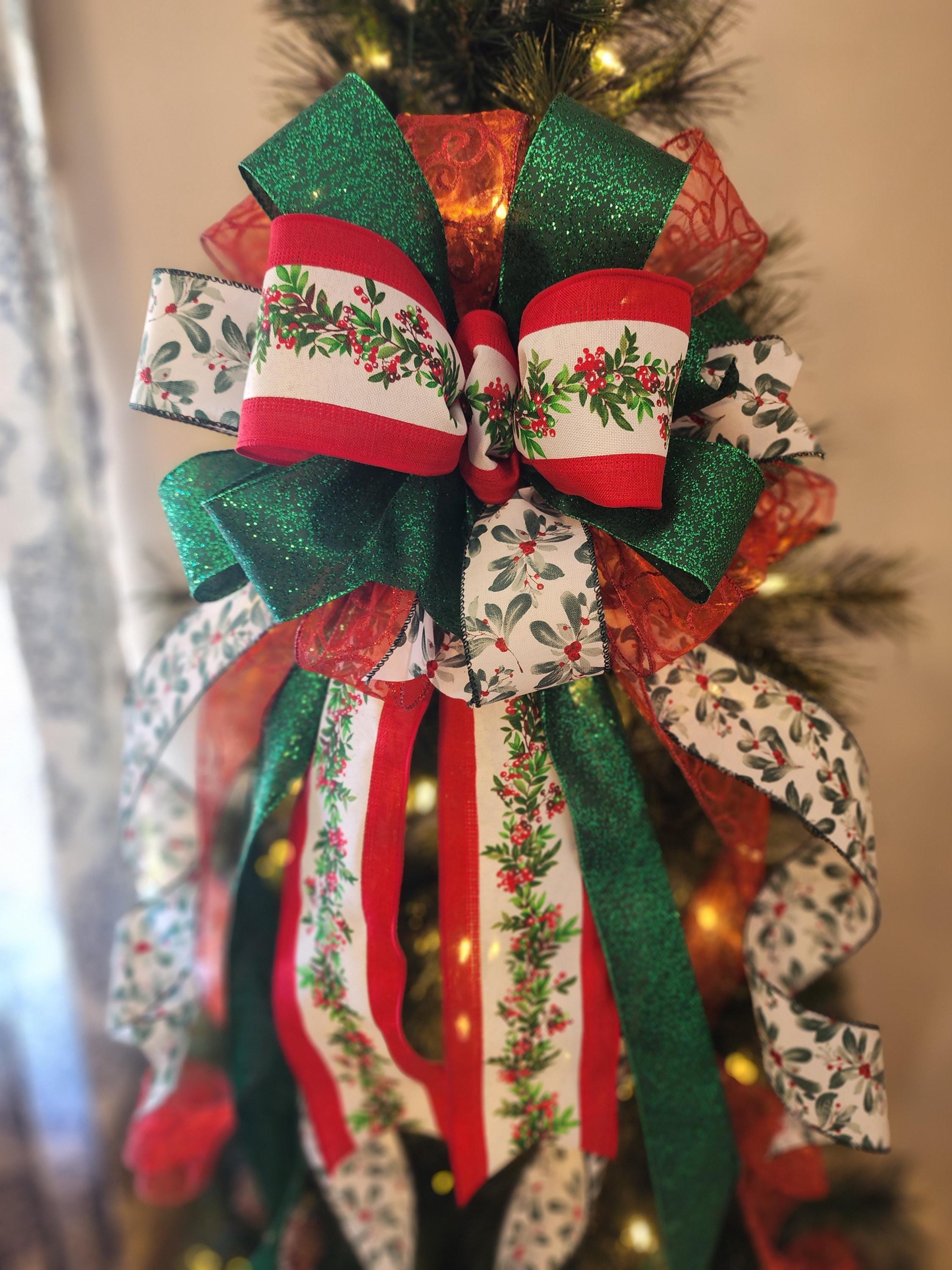 The Kimberly Red Christmas Tree Topper Bow, Xmas Ribbon Topper, Green ...