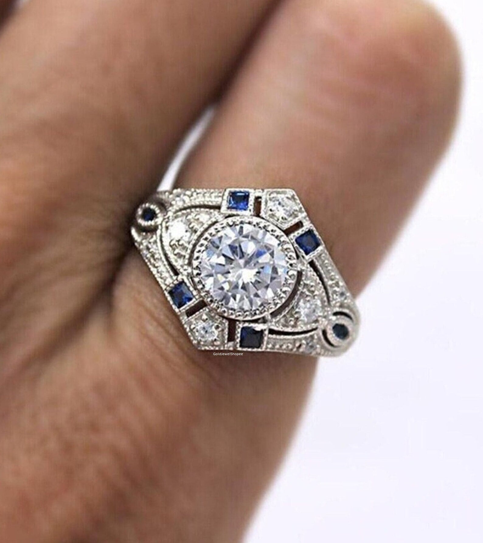 Vintage Old European Style Sapphire & Diamond Wedding Ring, Estate ...