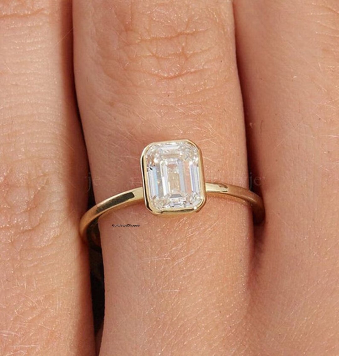 Bezel Set Ring Emerald Cut Moissanite Engagement Ring 14K Yellow Gold ...