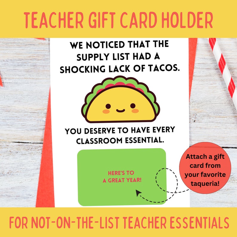 Funny Back to School Teacher Gift Card Holder, Taco Supply List, First ...