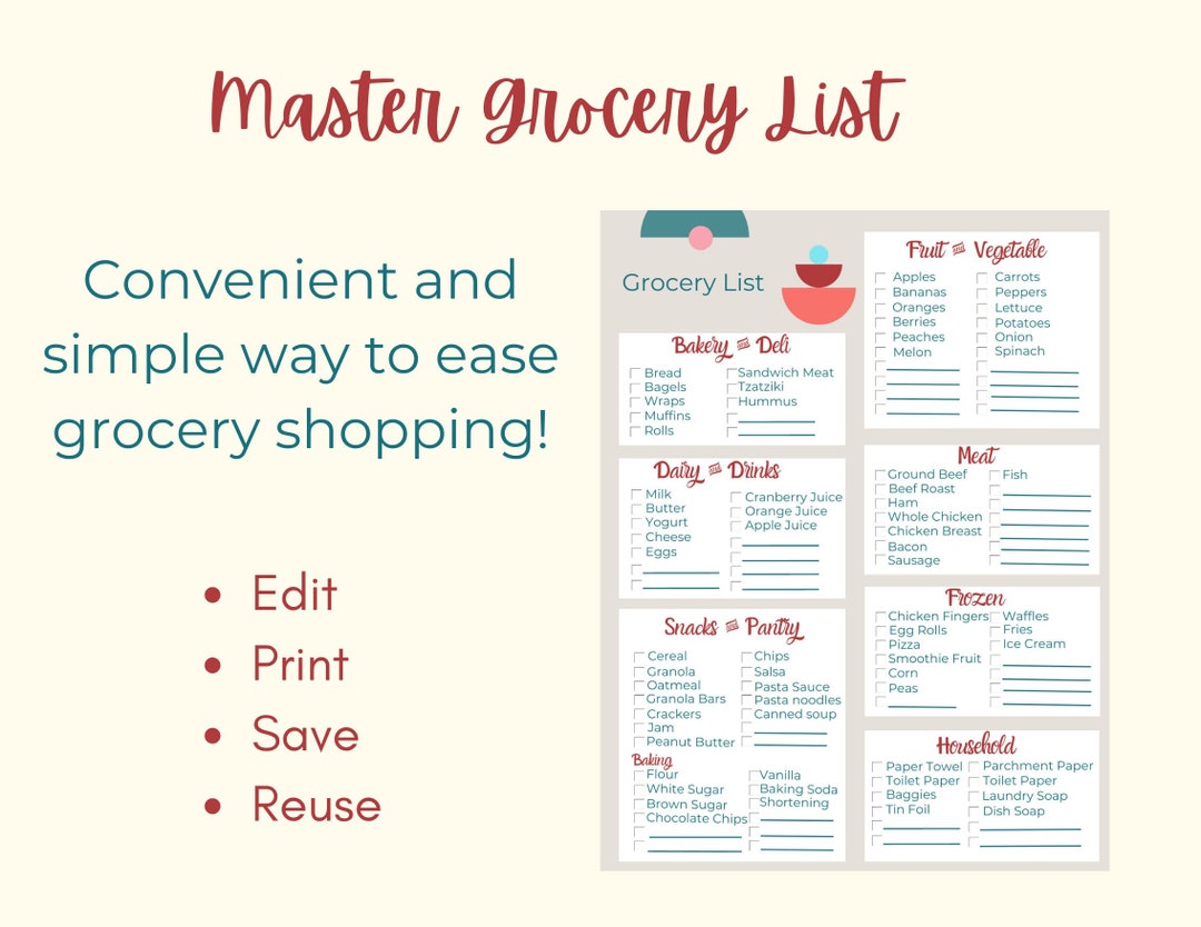 Master Grocery List - Editable - Etsy