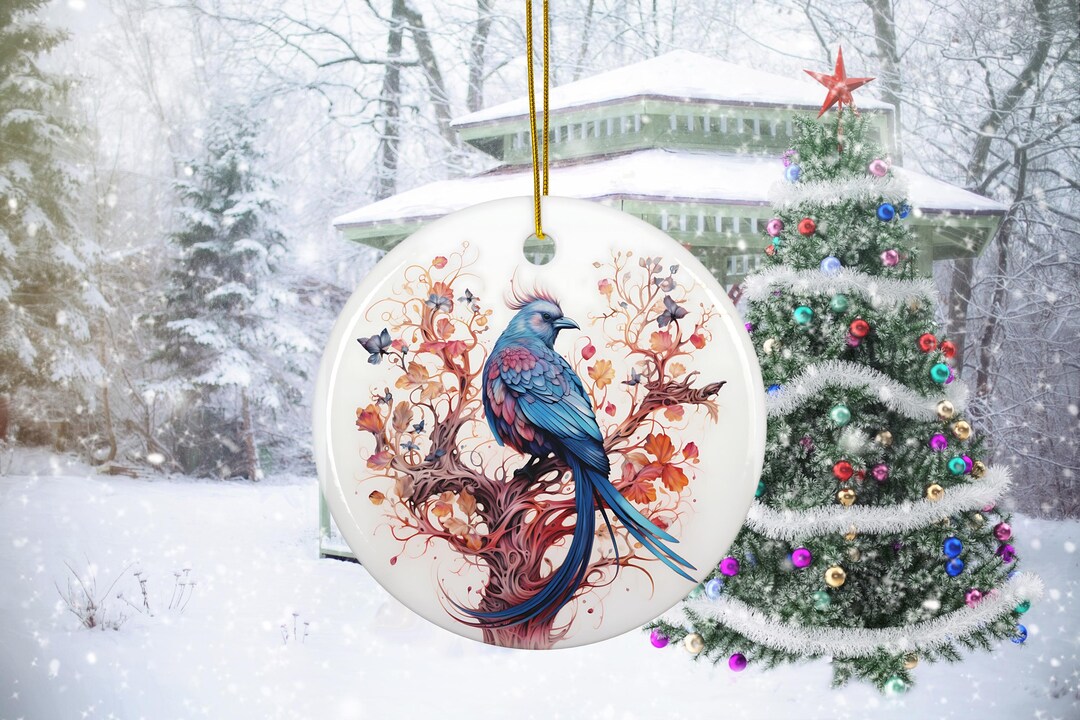 Vivid Christmas Bluebird & Blossoms Round Ceramic Ornament, Colorful ...