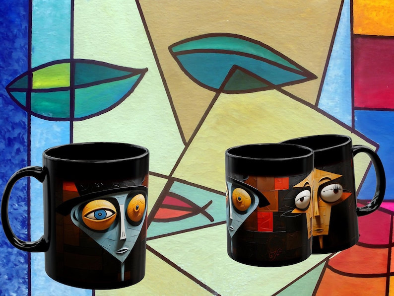 Picasso Style Black 3D Halloween Face Ceramic Coffee Mug, Abstract ...