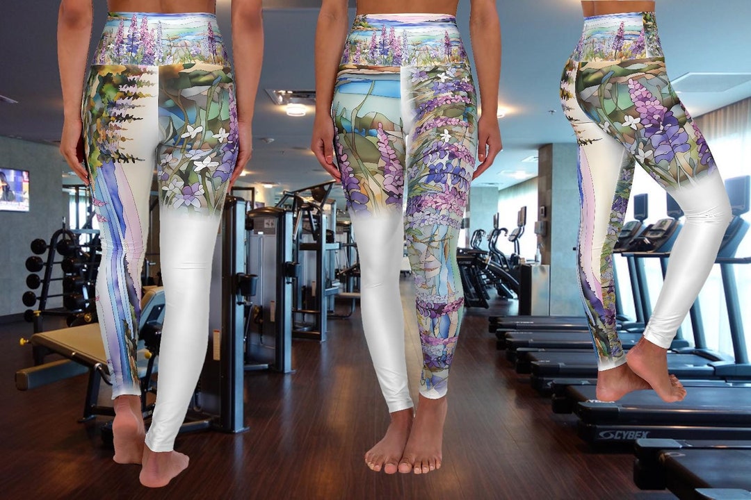 Stretchy Exotic Floral Boho White Yoga Leggings, High Waist Workout ...