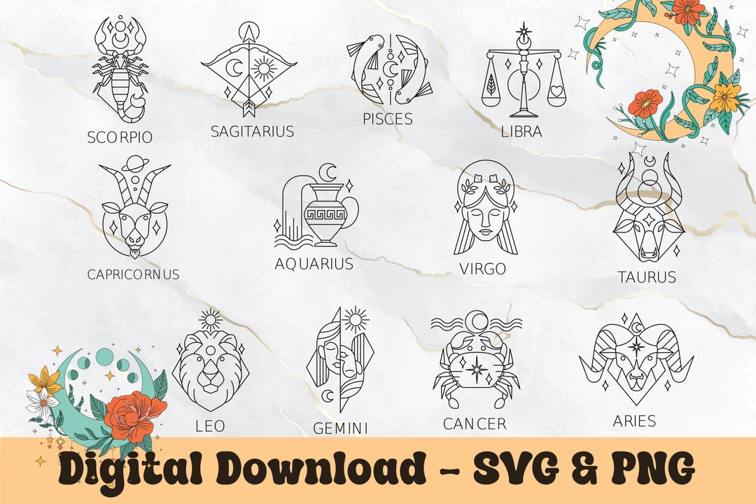 Astrology Sign Line Drawings Bundle | 48 Image Assets | PNG & SVG Files ...