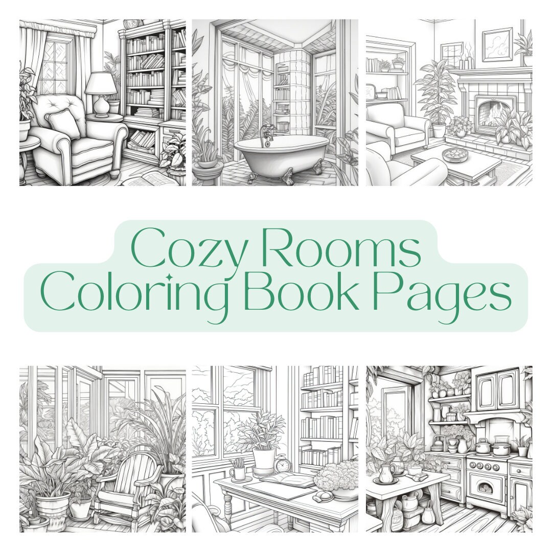 Cozy Rooms | Interior Designs | 25 Printable Coloring Book Pages for ...