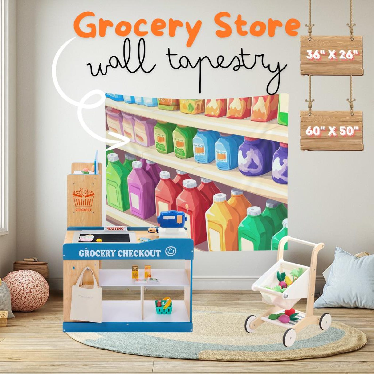 Playroom Dramatic Play Wall Tapestry Grocery Store Market 60"x50" Wall ...