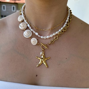 Gold Chunky Charm Necklace, Summer Natural Shell Necklace, Gold Stack ...