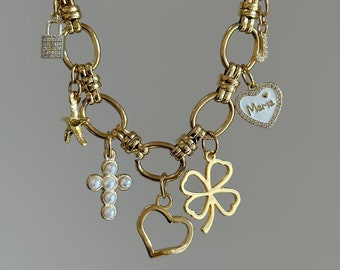 Gold Charm Necklace, Custom Charm Necklace, Gold Vintage Charm Jewelry ...