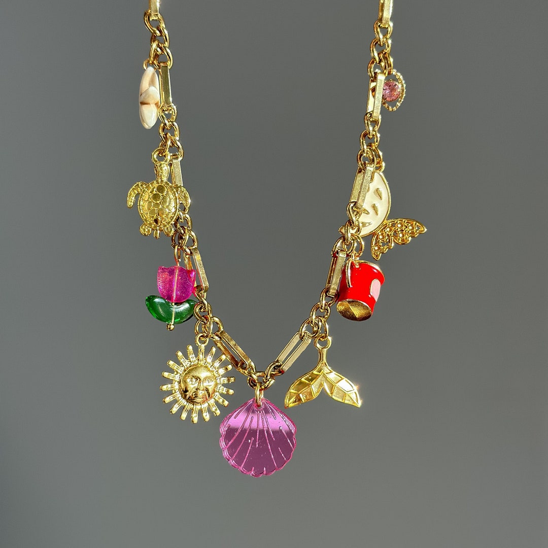 Chunky Custom Charm Necklace, Gold Summer Charm Necklace, Beach Pink ...