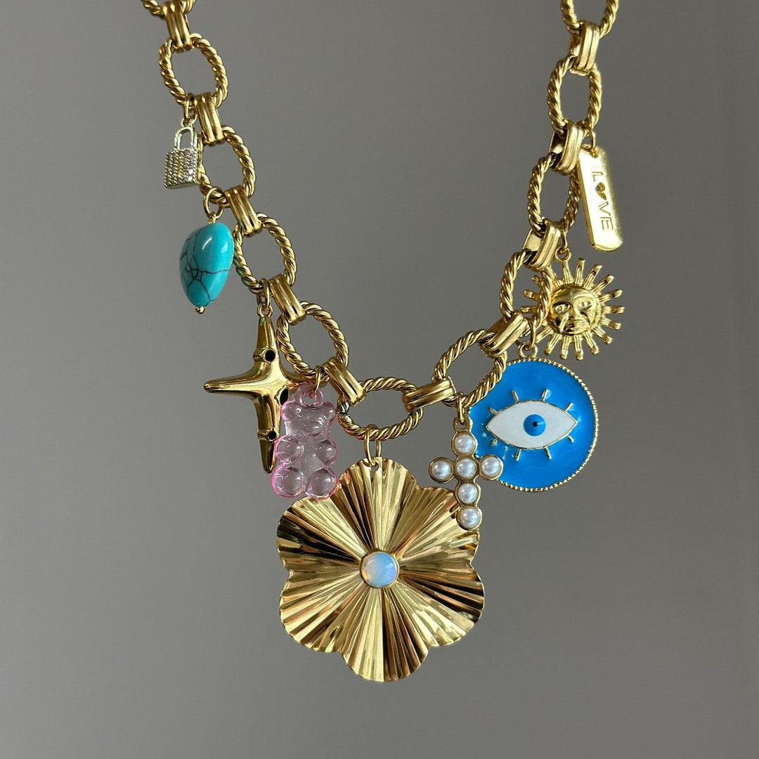 Custom Charm Necklace, Chunky Gold Charm Necklace, Vintage Chain Charm ...