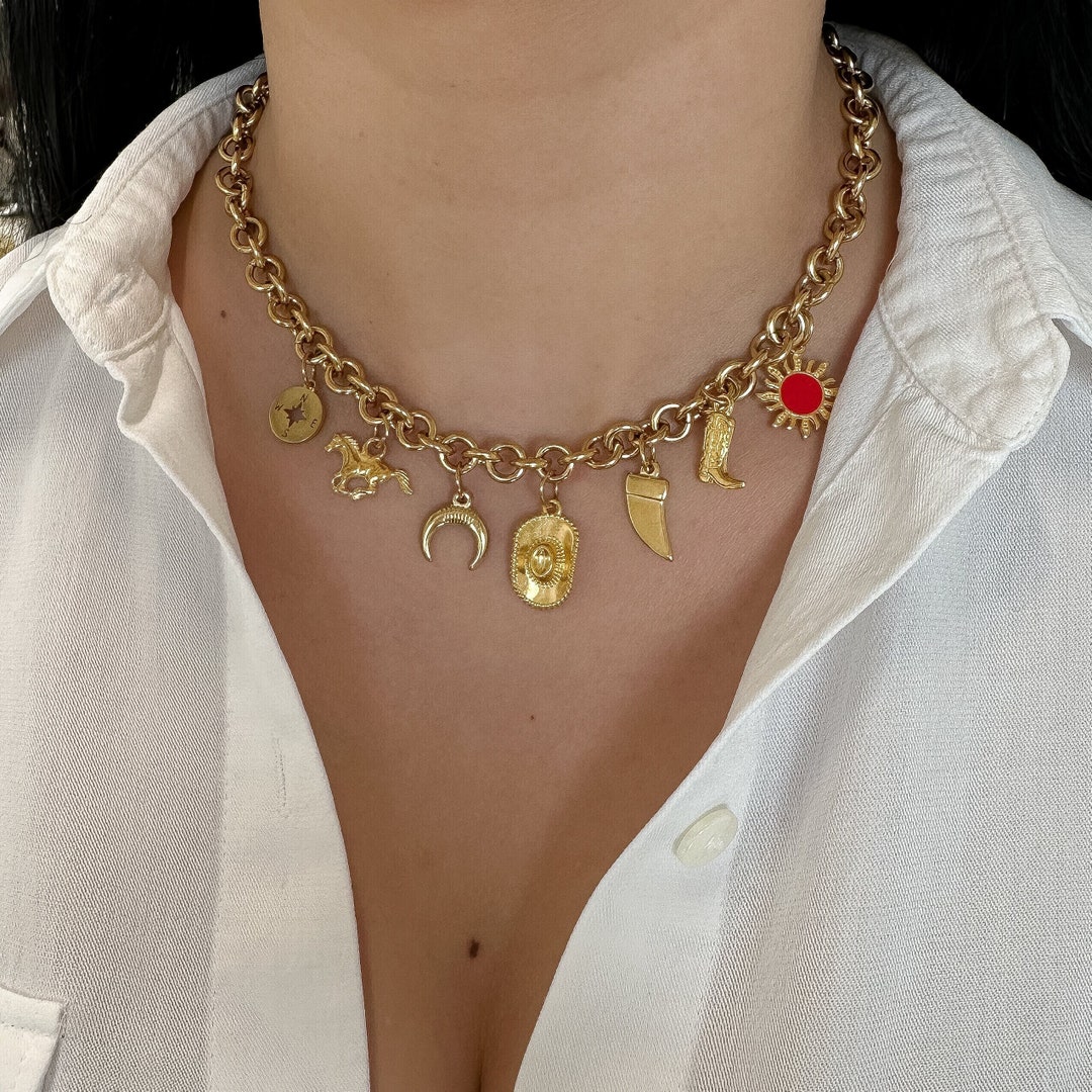 Cowboy Charm Necklace, 18k Gold Cowgirl Hat Charm Necklace, Western ...