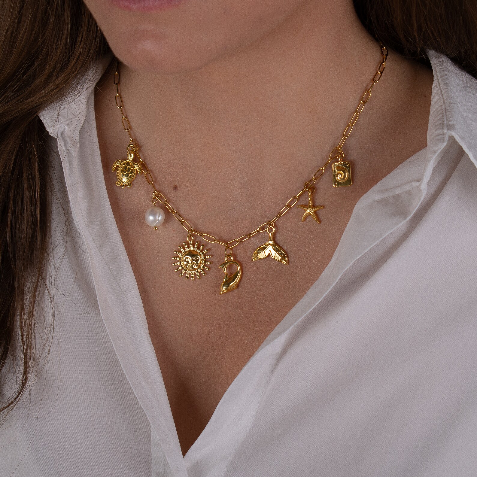 Chunky Charm Necklace, Gold Sun Starfish Pearl Turtle Dolphin Charm ...