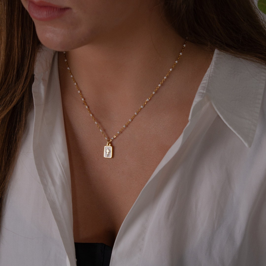 Cross Necklace, Dainty Gold Cross Charm Necklace, White Rosary Choker ...
