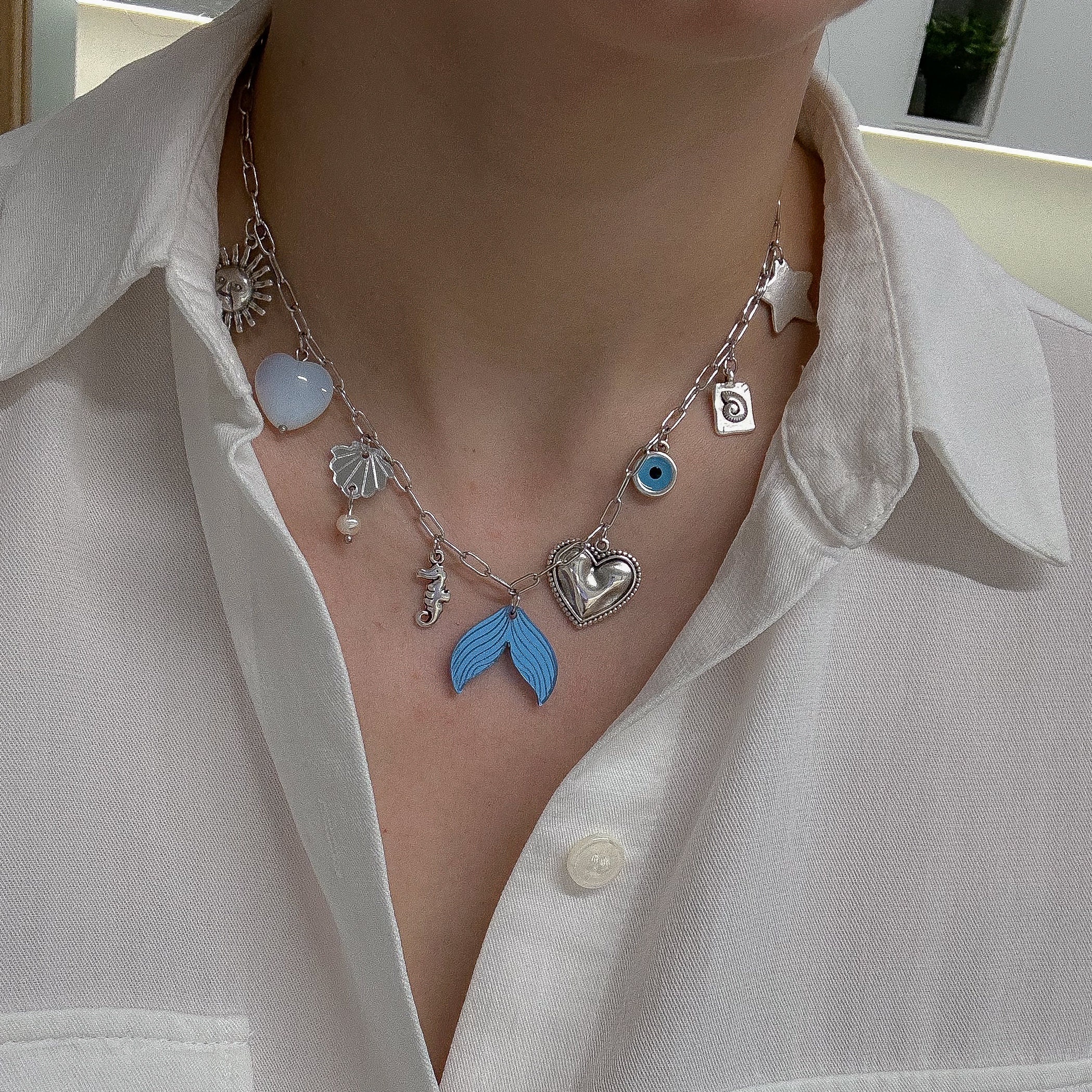 Silver Custom Charm Necklace, Chunky Chain Charm Necklace, Vintage ...