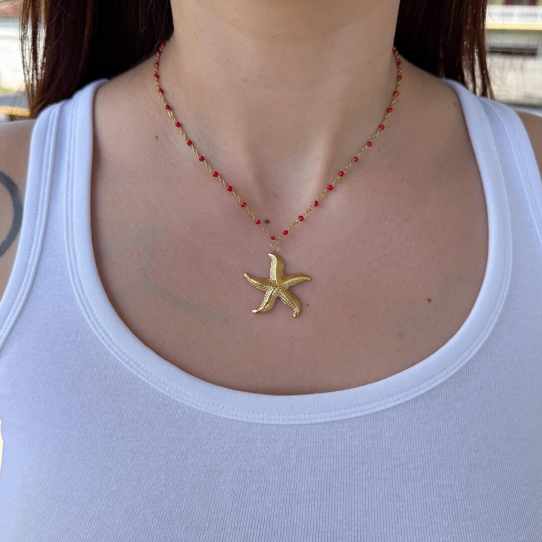 Big Starfish Necklace, Boho Summer Necklace, Red Chain Necklace, Chunky ...